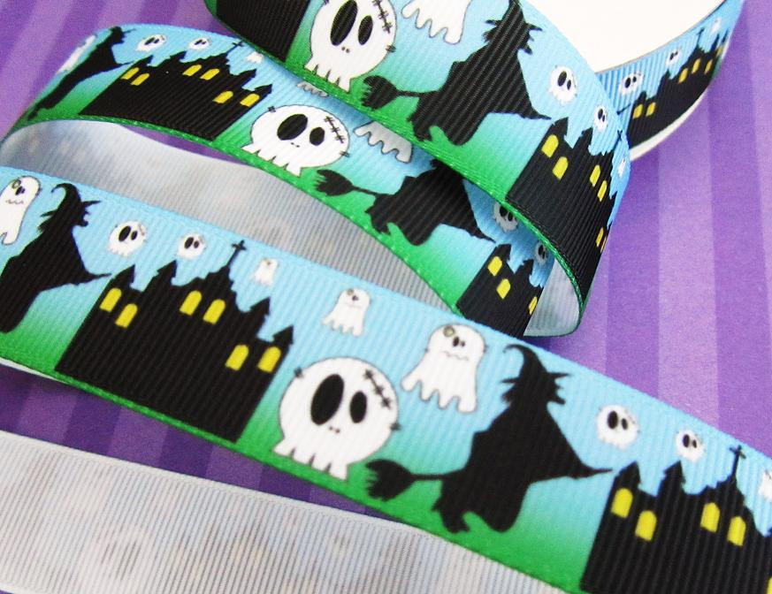 10 yards Roll Halloween Grosgrain 7/8" Ribbon/Craft/Skull/Witch/Spider ...