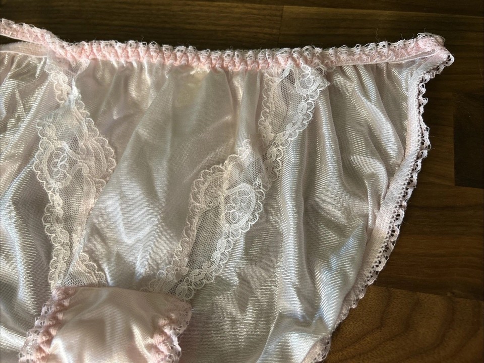 Vtg Nylon String Bikini Panties RARE Sz L Second Skin Lace PINK Shiny ...