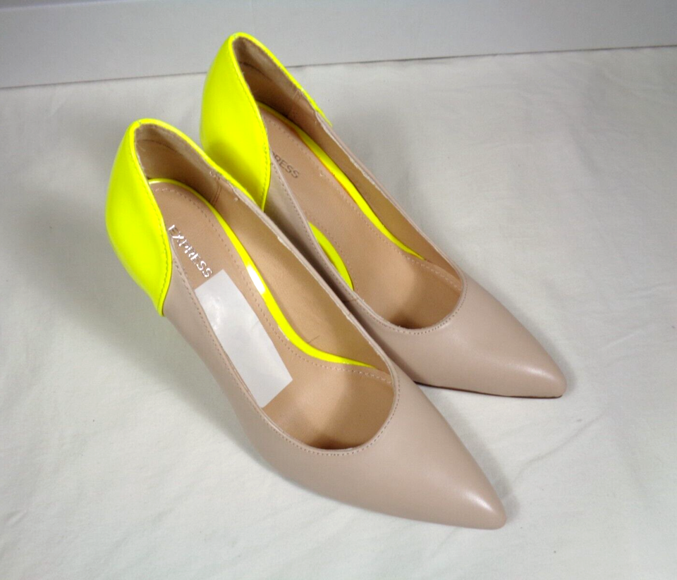 Express shoes yellow & beige heigh heel slip on pointed toe Pumps women ...