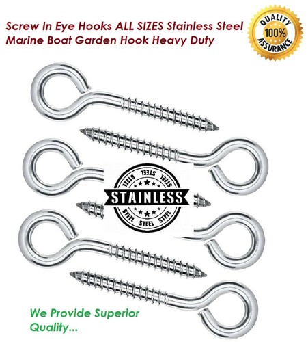 10 x HEAVY DUTY STAINLESS STEEL SCREW IN EYE HOOKS MARINE 20mm 150mm ...