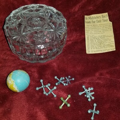 Vintage Metal Jacks/Ball in Pressed Glass Candy Dish w/ Military News ...