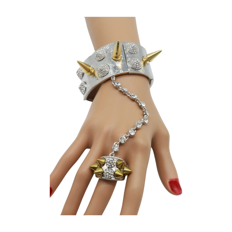 Women Silver Metal Hand Chain Gold Spike Bracelet Ring Special ...