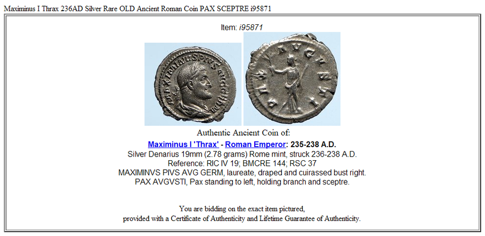 Maximinus I Thrax 236AD Silver Rare OLD Ancient Roman Coin PAX SCEPTRE ...