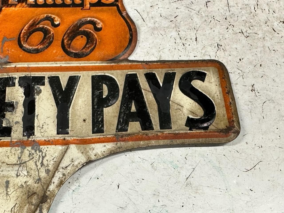 Vintage 1950’s PHILLIPS 66 SAFETY PAYS Old LICENSE PLATE TOPPER Sign ...