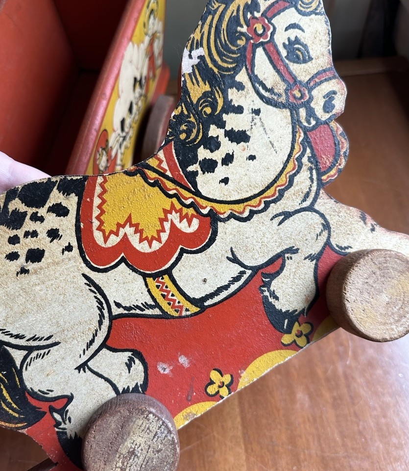 Vtg Mid Century Wooden Toy Horse Wagon On Wheels Circus Litho Rustic ...