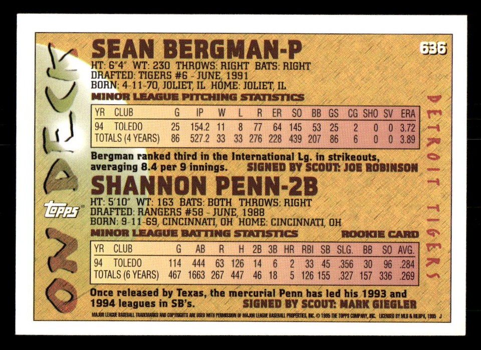 Sean Bergman / Shannon Penn 1995 Topps #636 Detroit Tigers | eBay