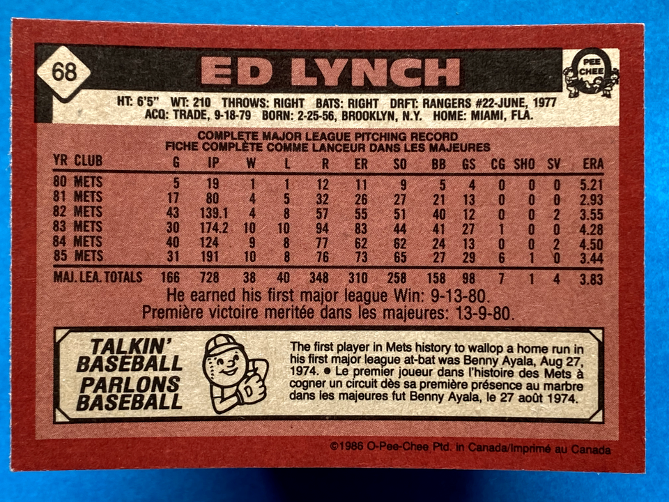 1986 O-Pee-Chee Ed Lynch #68 | eBay
