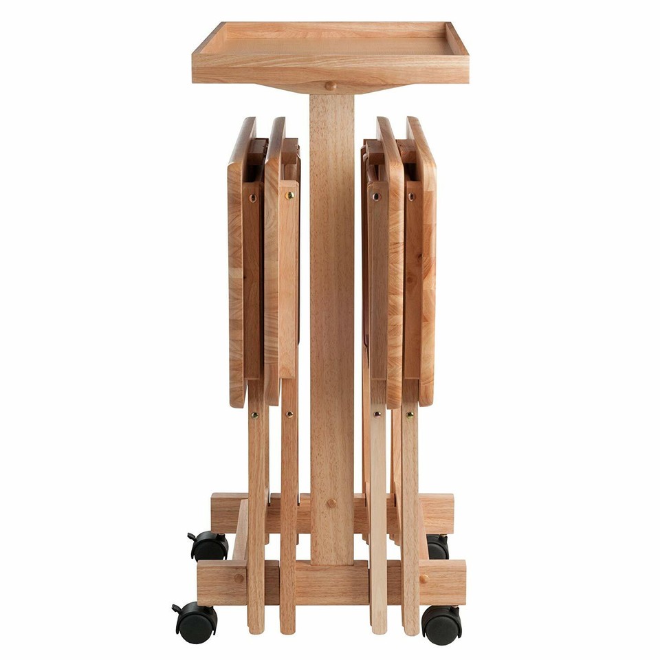 Natural Finish 5 pc Wooden Tray Table Set Folding Portable Snack Stand ...