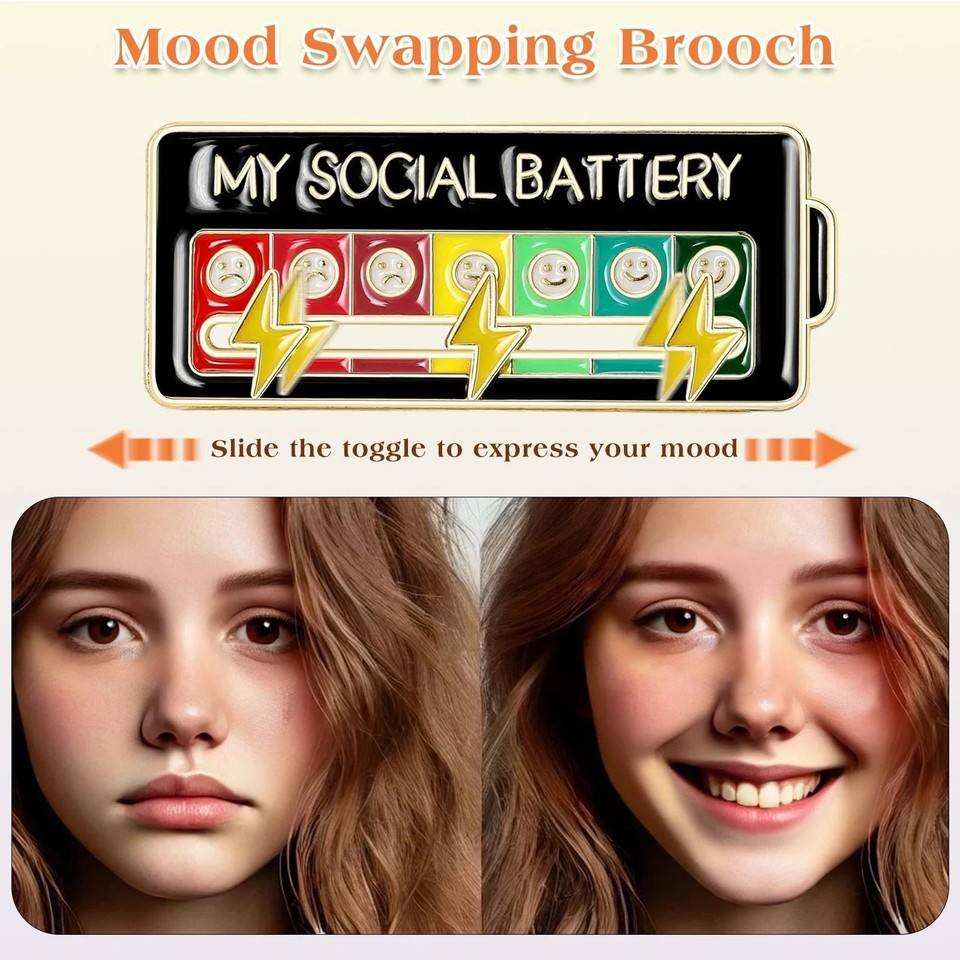 Funny Social Battery Slider Pin – 7-Mood Expression Badge, Cute ...