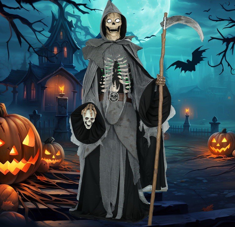 Halloween Grim Reaper Animatronic 8.5 Ft Talking Glowing Eyes Chest ...