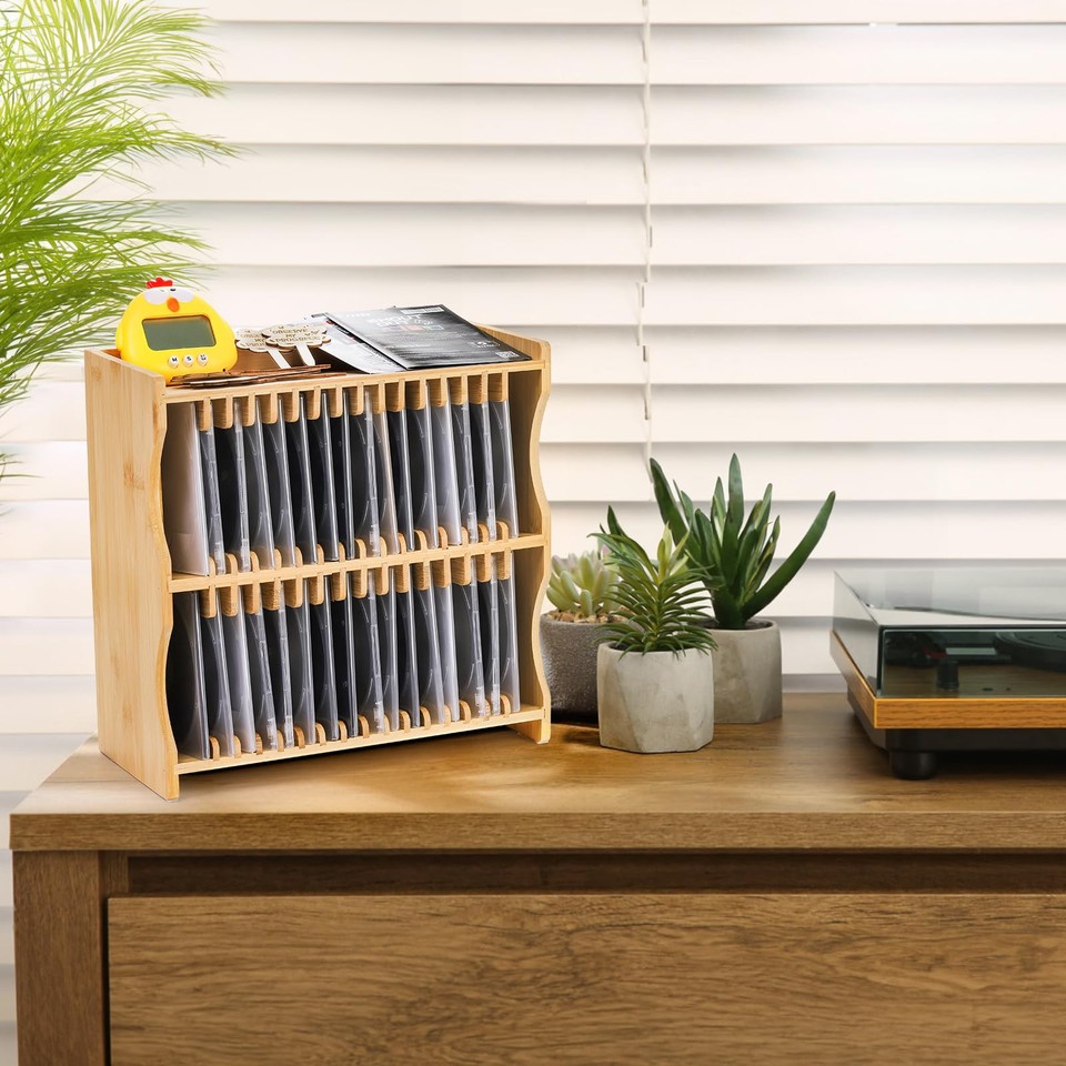 CD Holder Rack, Bamboo CD Rack Organizer with Rubber Feet, DVD Display ...