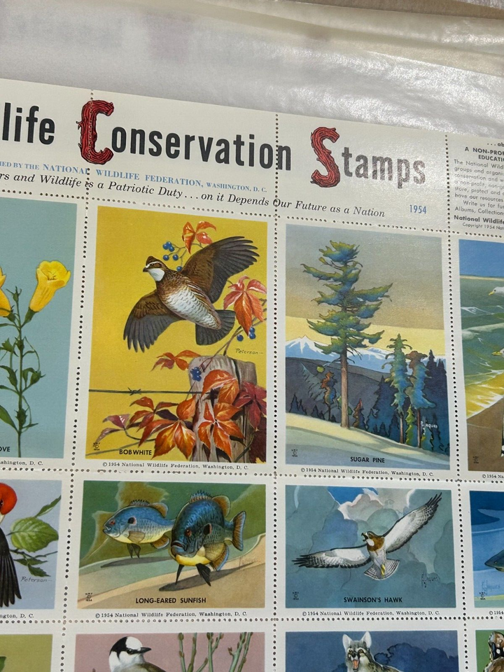1954 NWF Wildlife Poster Stamp Sheet FLAT COMPLETE Small perf sep Lot A ...