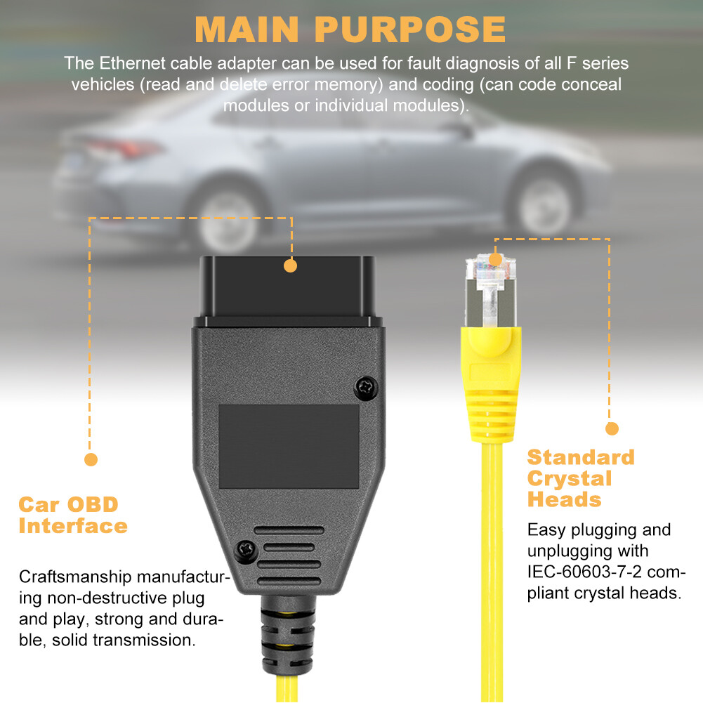 2m Ethernet To OBD Yellow ENET Cable Anti Interference 12V For E-SYS ...