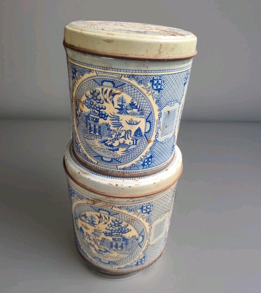 2 Vintage Retro Willow Pattern Traditional Blue White Storage Tins ...