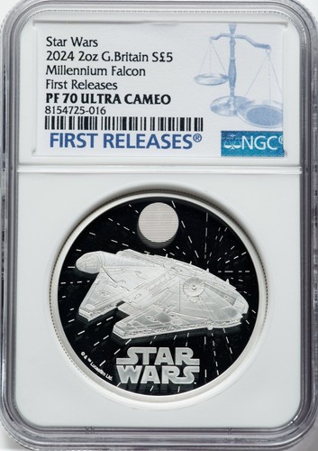 G.B. 2024 STAR WARS MILLENNIUM FALCON £5 SUPERB 2 OUNCE SILVER COIN NGC ...