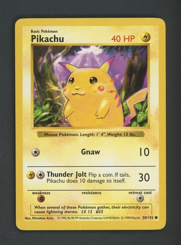 Pikachu Red Cheeks 58/102 Original Base Set Shadowless Non Holo Pokemon ...
