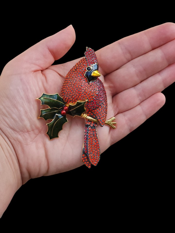 Vintage Joan Rivers Cardinal Pin Brooch Red Pave Crystal & Enamel Holly ...