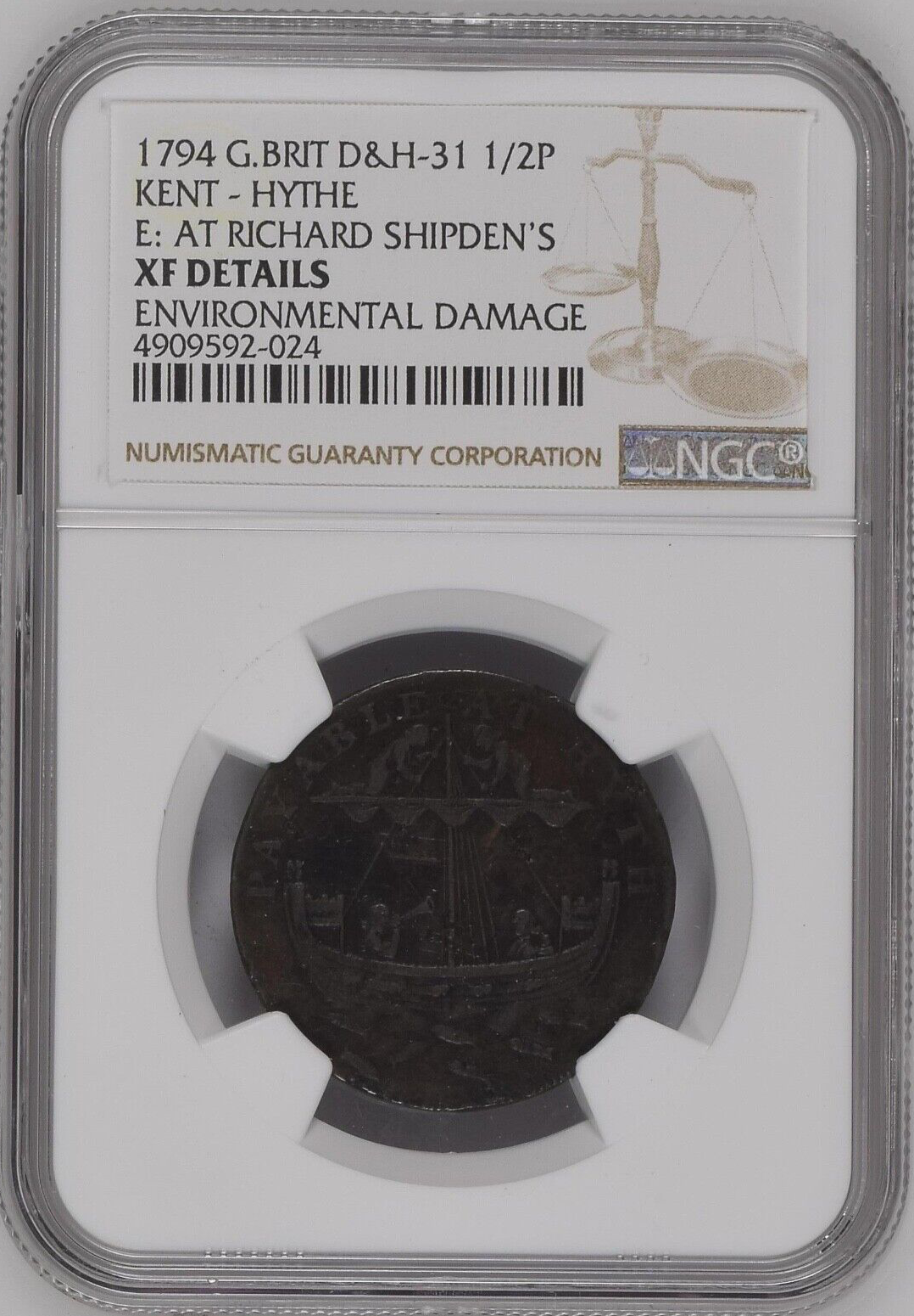 1794 GREAT BRITAIN D&H-31 1/2 PENNY KENT HYTHE RICHARD SHIPDEN'S -NGC ...