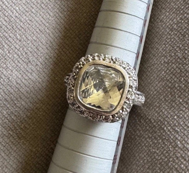 Sterling Silver Filigree Ring w/Faceted Quartz & Paved Crystals, 5.75 ...