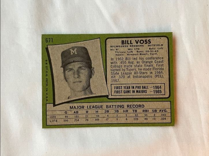 DCC: 1971 Topps #671 Bill Voss Milwaukee Brewers High Number SP NM Well ...
