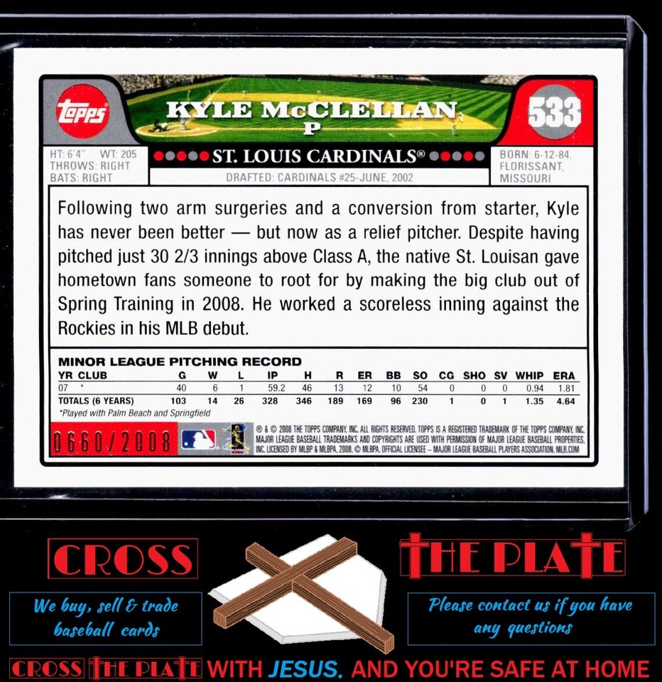 1-2008 Topps RC Gold Parallel Kyle McClellan St. Louis Cardinals 0660/ ...