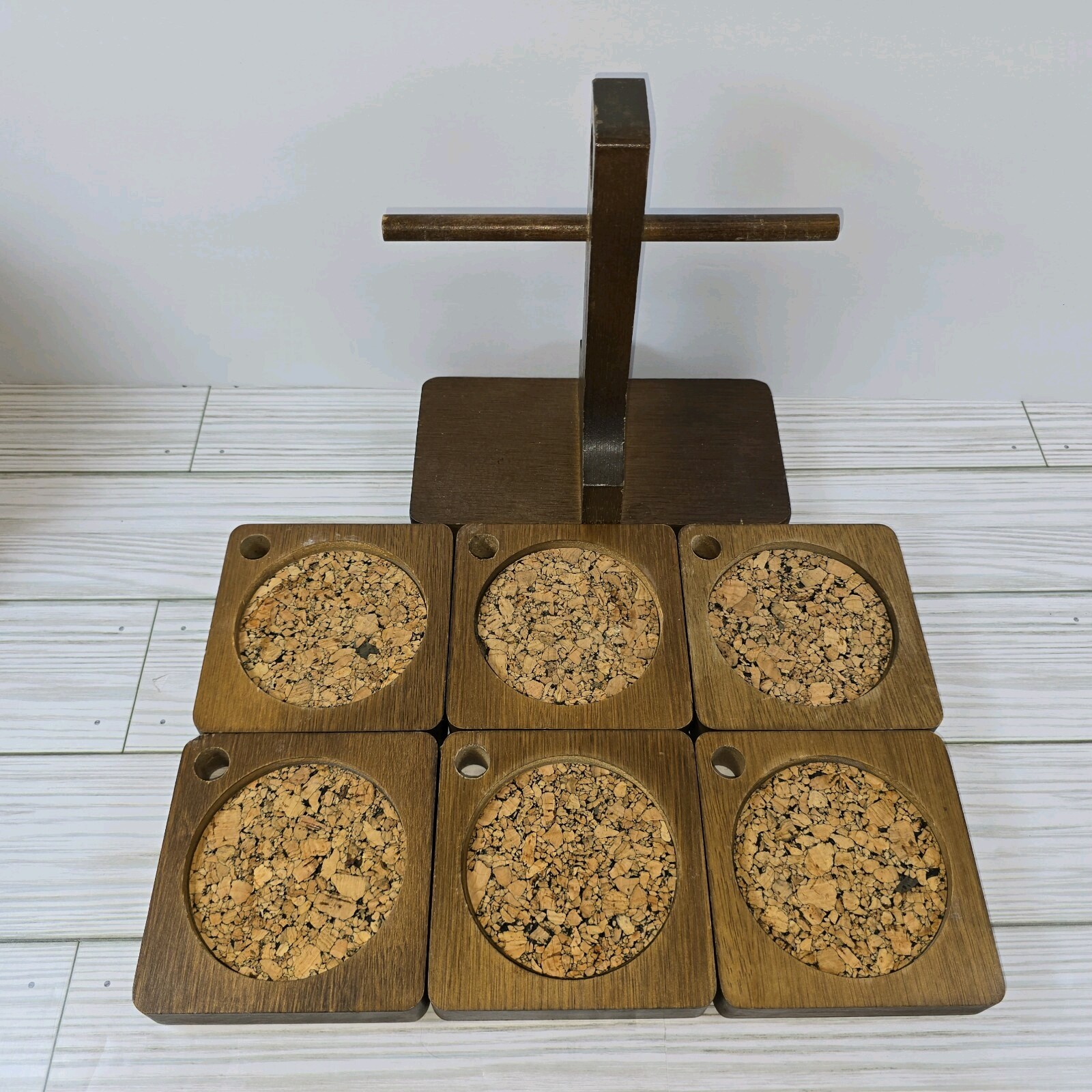 Vtg Wood Cork Coasters Set of 6 with holder hanging mid century MCM | eBay