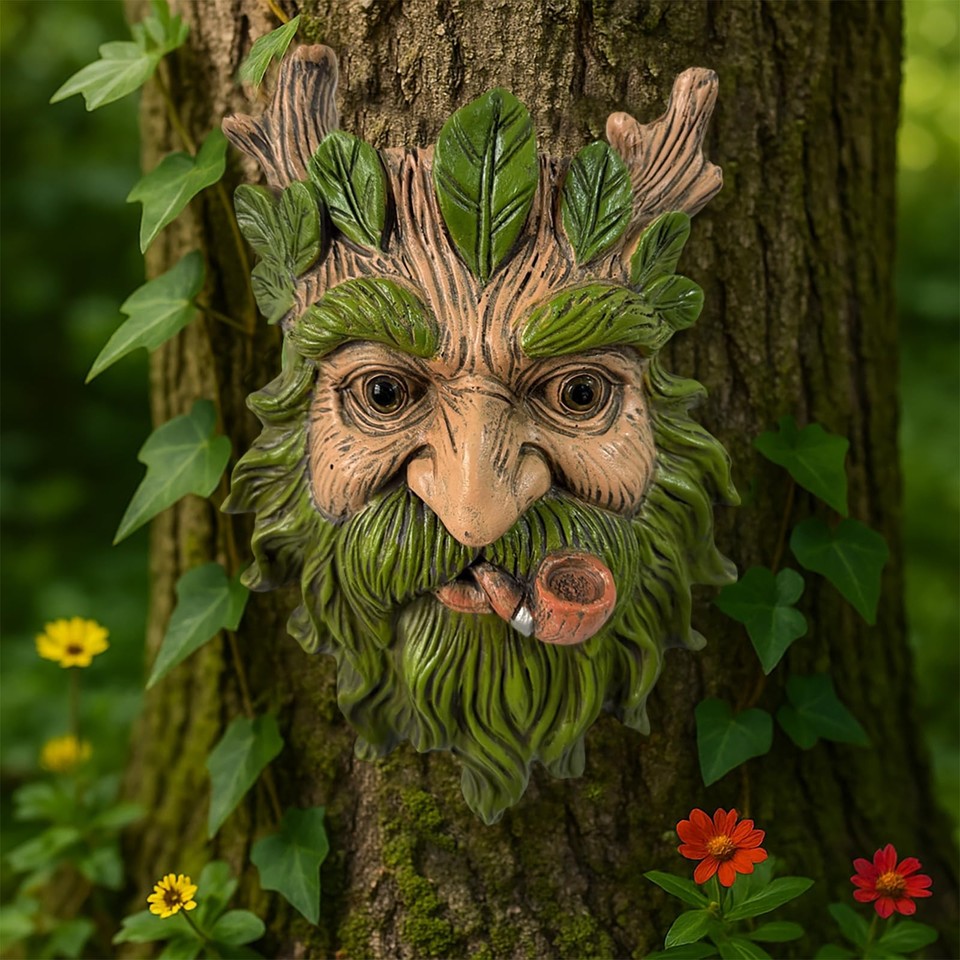 Whimsical Tree Face Garden Statues Outdoor Decor – Funny Old Man Pipe ...