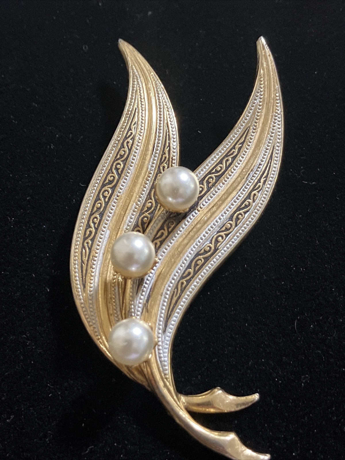VTG Fancy LOVELY Art Deco Spanish Damascene Enamel Pearls Flowing Leaf ...