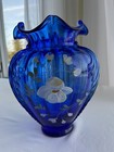 FENTON Art Glass Cobalt Blue HAND PAINTED FEATHERVASE Signed Shelly ...
