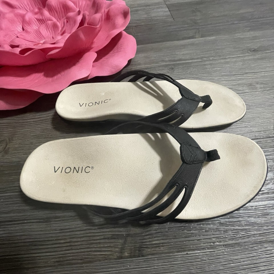 VIONIC Alta Black Leather Flip Flop Thong Walking Comfort Sandals Size ...