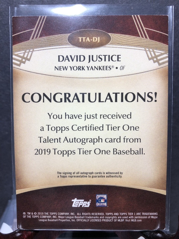 2019 Topps Tier One Talent Autograph SILVER Ink DAVID JUSTICE Auto #/10 ...