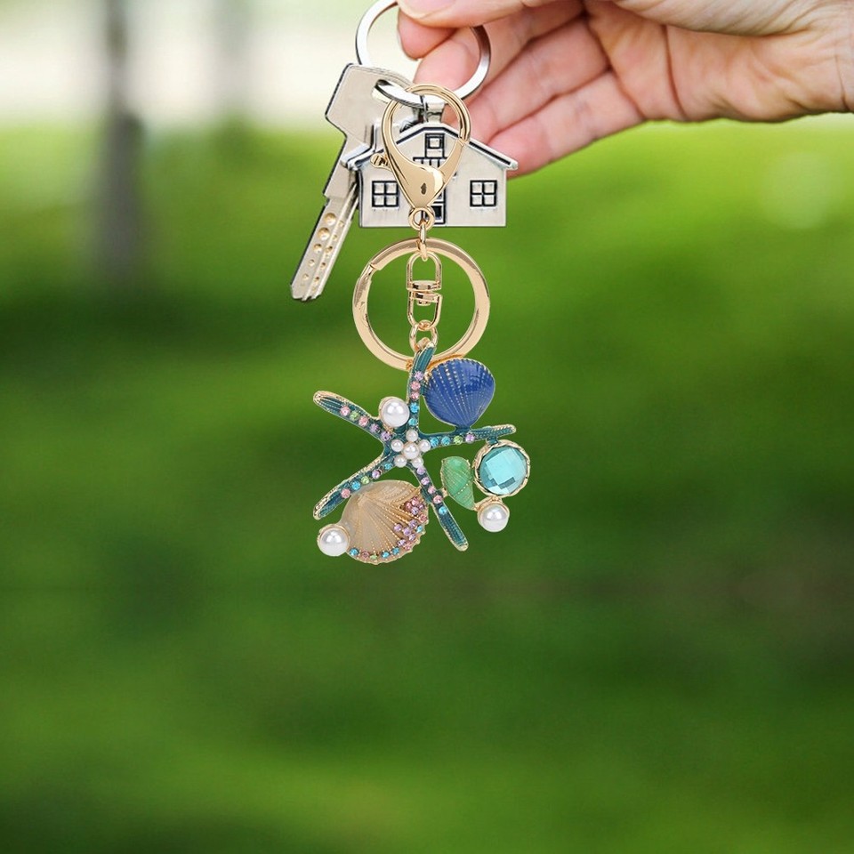 Ocean Series Rhinestone Keyring Pendant Starfish Scallop Pearl Keychain ...