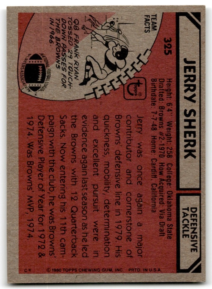 1980 TOPPS JERRY SHERK CLEVELAND BROWNS #325 | eBay