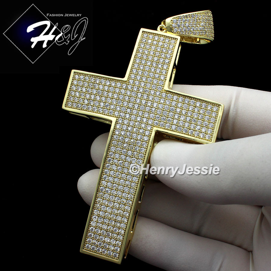 14K GOLD PLATED BLING CUBIC ZIRCONIA GOLD/SILVER OVERSIZE 3D CROSS ...