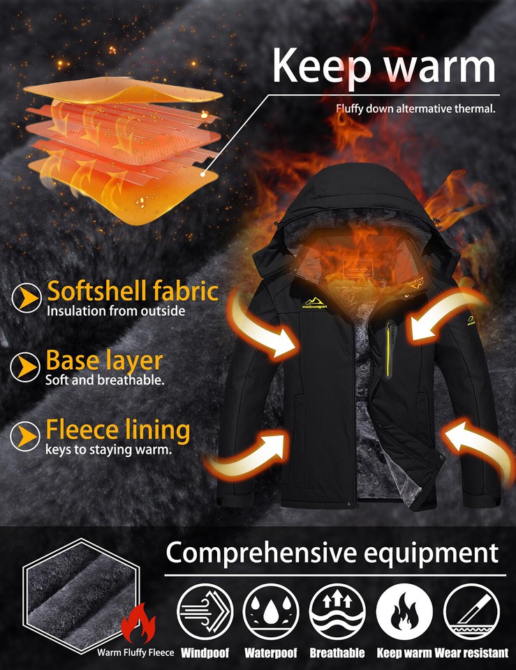 Men's Winter Ski Jacket Waterproof Snow Coat Snowboard Fleece Lining ...