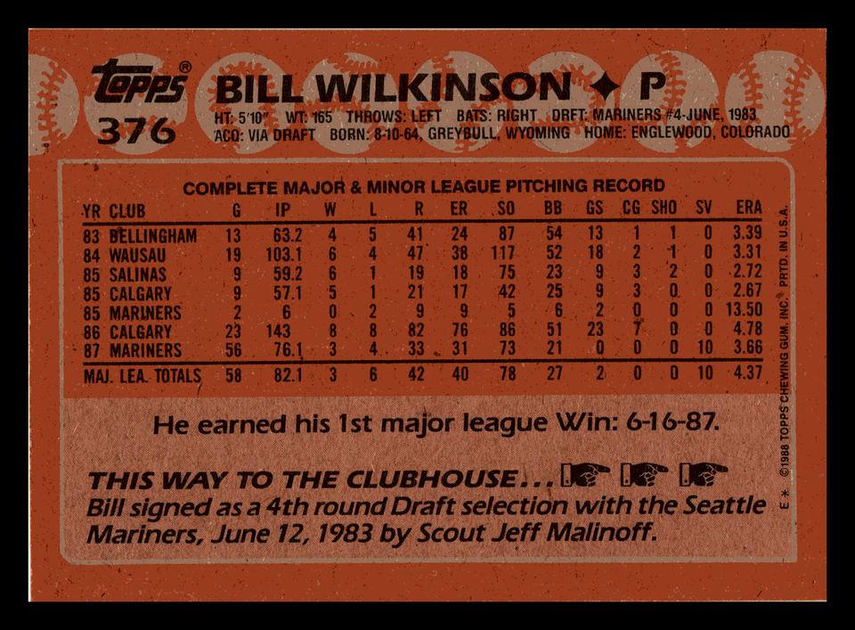 1988 Topps Bill Wilkinson RC Rookie Seattle Mariners #376 NM-MINT | eBay