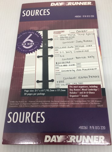 Day Runner Sources 3 3/4 x 6 3/4 #00261 Refills, fits 6 ring - 30 per ...