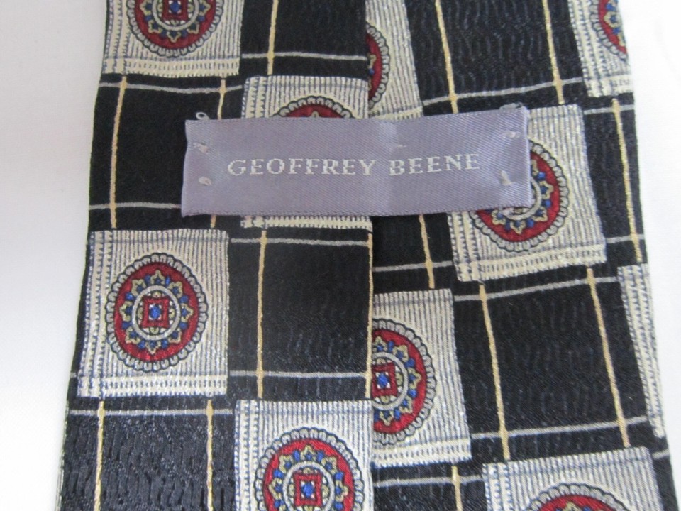 New Geoffrey Beene Neck Tie Red Black Tan Geometric Silk 3.75" x 59" | eBay