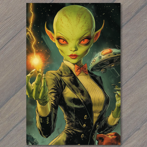 Art Print Alien Woman Bow Tie Lightning UFO Red Eyes Stylish Suit Sci ...