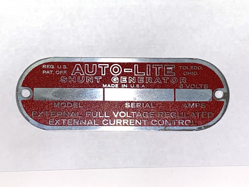 Autolite Red Shunt Generator ID Tag Nameplate Auto-Lite Stamped w/ Your ...