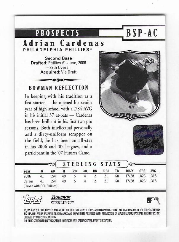 Adrian Cardenas 2007 BOWMAN STERLING MLB PROSPECTS AUTOGRAPH CARD ...