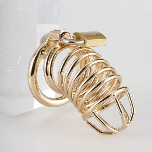 Male Gold Stainless Steel Metal Chastity Cage Device Lock Restraint ...