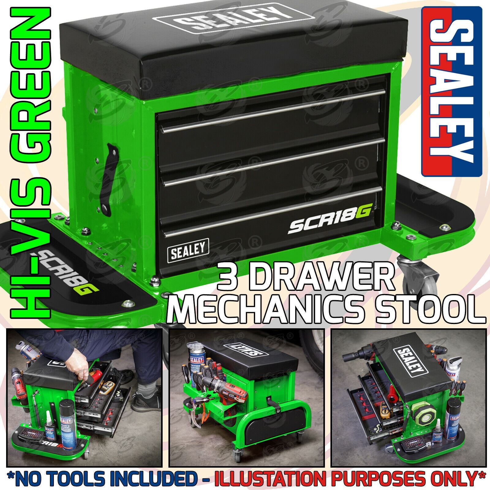 SEALEY Mechanics Stool Tool Box Utility Seat Creeper Storage Drawers ...