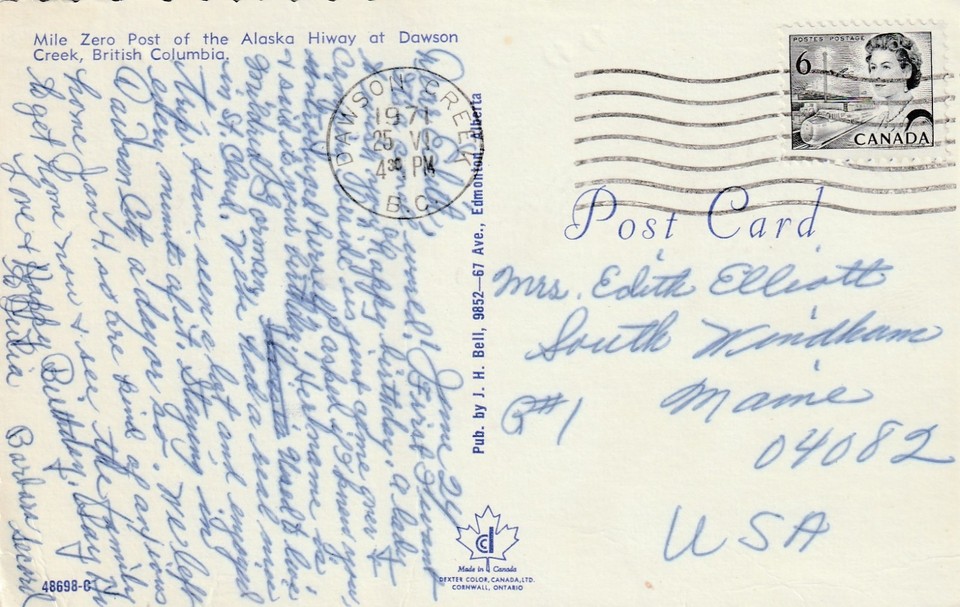 *Canada Postcard-"Mile Zero Post of Alaska Hwy.@ Dawson Creek" B.C. (PM ...