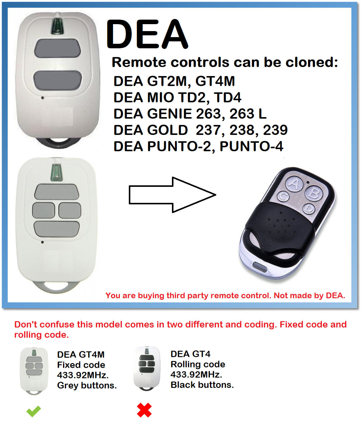 DEA GT2M, GT4M Universal Remote Control Duplicator 4-Channel 433.92MHz ...