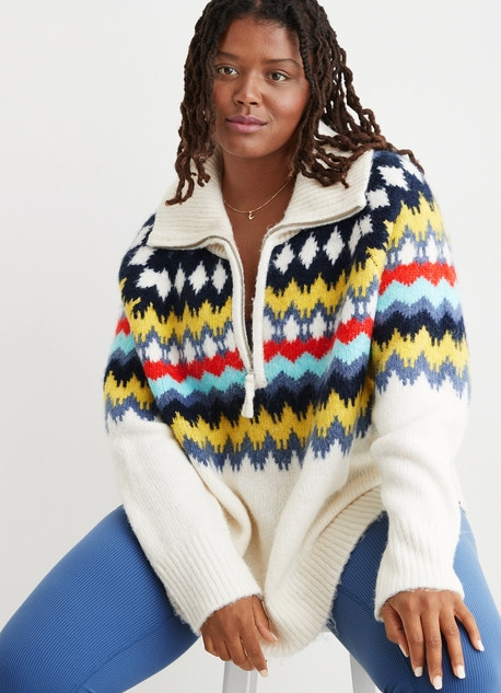 AERIE Quarter Zip Sweater Fair Isle Cozy Soft Thick C… - Gem