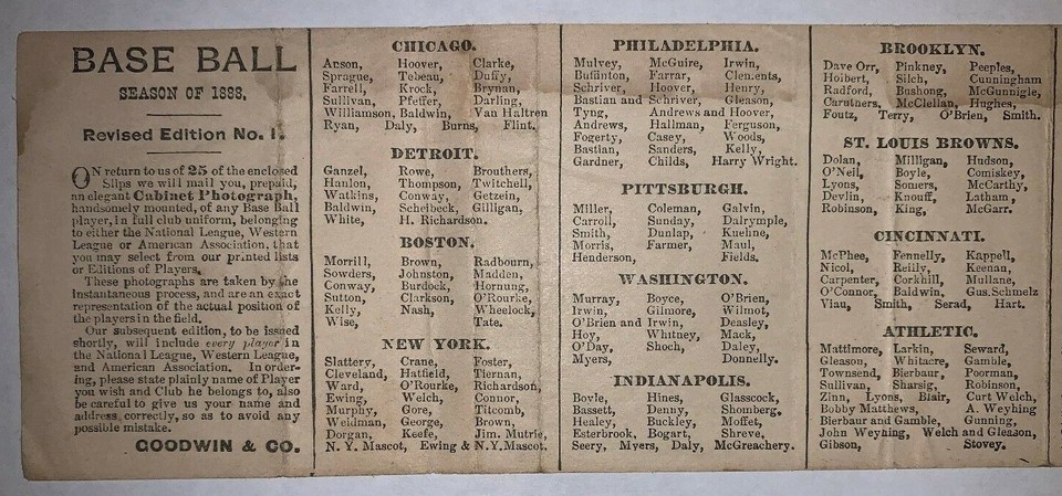 1888 N173 Old Judge Tobacco Cabinet Checklist Of Baseball Players ...