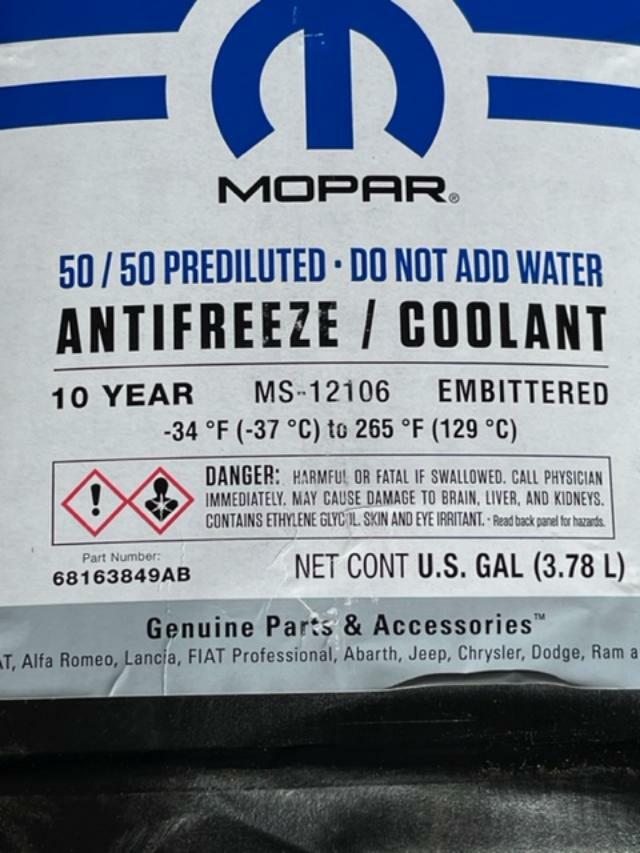 Mopar 68163849AB Antifreeze Coolant 50/50 Prediluted Case of 4 New ...