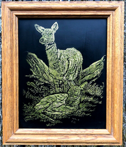 Original Scratch Art painting, Two Doe Deer, Amazing Gold Details | eBay