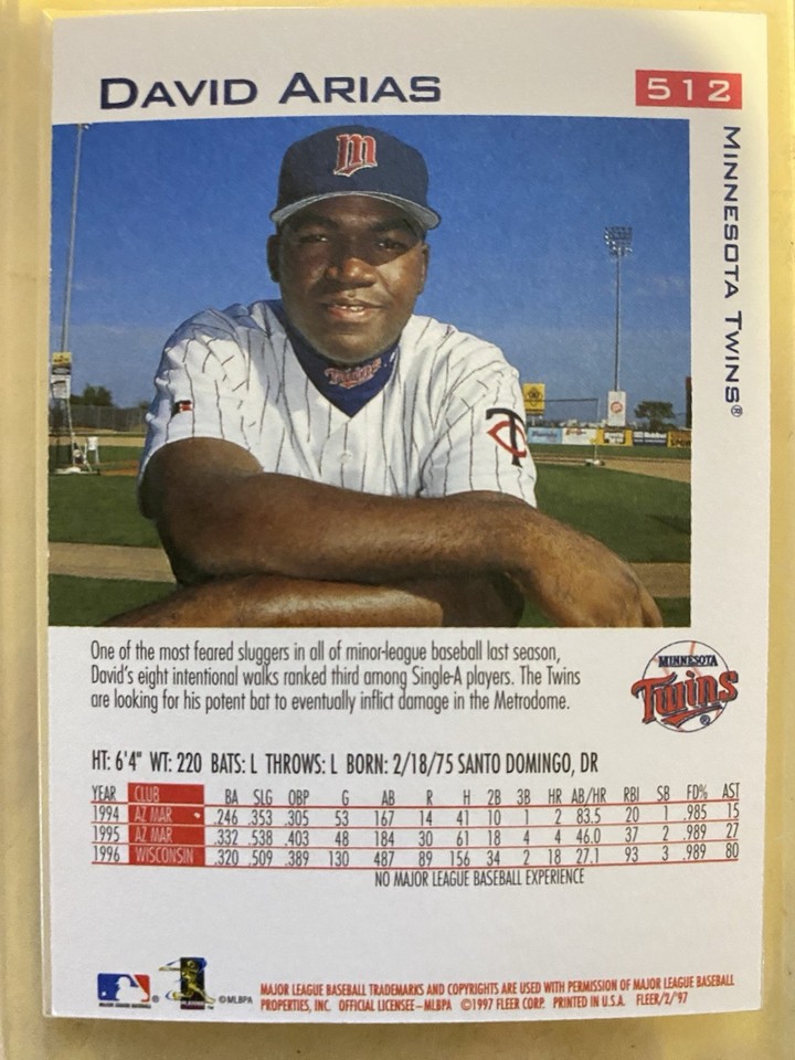1997 Fleer David Ortiz (Arias) #512 Minnesota Twins Rookie RC HOF “Big ...